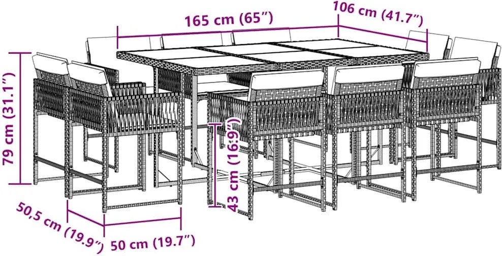 11dílný zahradní jídelní set s poduškami černý polyratan 3211575