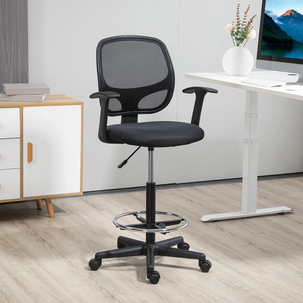 Ergonomická kancelářská židle Vinsetto kancelářská židle, otočná židle, kreslící židle, nastavitelný kroužek na nohy, do 120 kg, černá, 60x56x110-132…