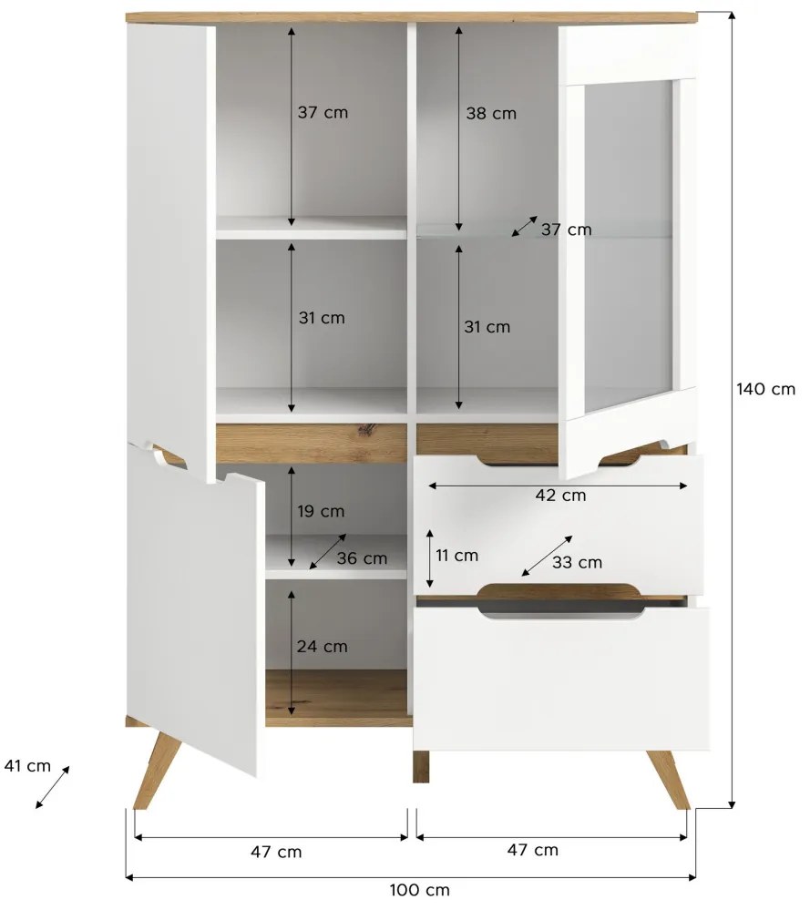 Skříňka s prosklením Scandi, bílá/dub nox