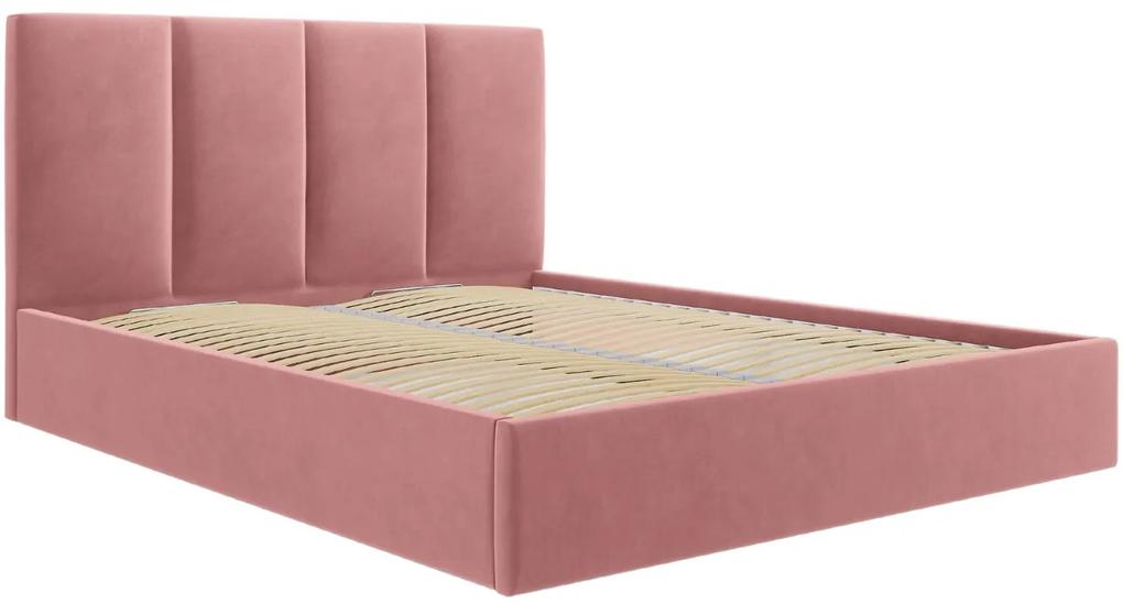 OnaDnes -20% Růžová sametová dvoulůžková postel MICADONI Pyla 160 x 200 cm s úložným prostorem