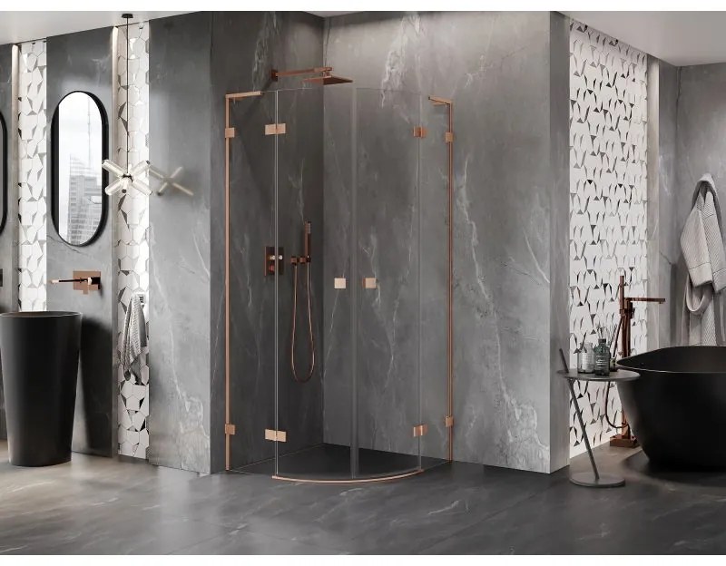 Mexen Lunar, L půlkruhový výklopný sprchový kout 90 x 90 cm, 8mm čiré sklo, profil měděná matná, 833L-090L-090P-65-00