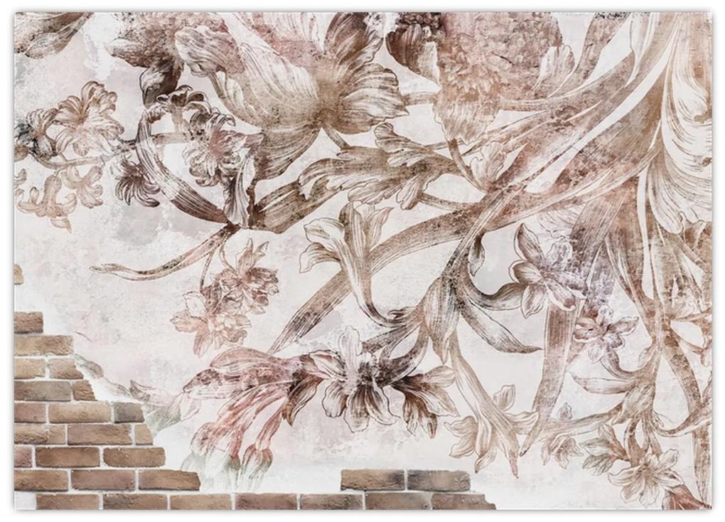 Obraz - Květinová freska na cihlové zdi (70x50 cm)