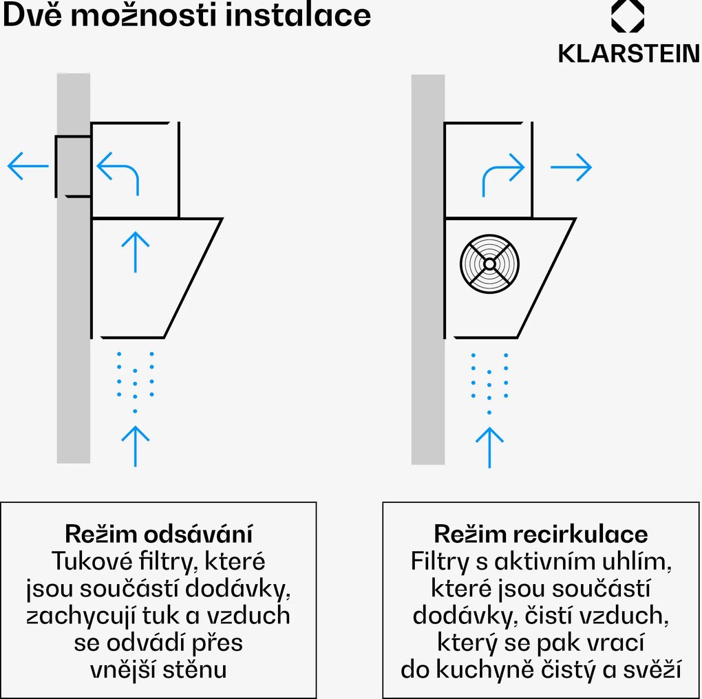 Klarstein BigBite šikmá digestoř | režim odsávání vzduchu a recirkulace | bezpečnostní sklo | 417 m³/h | 90 cm