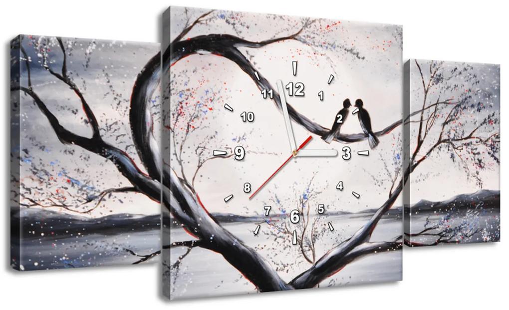 Gario Obraz s hodinami Ptačí láska na větvi - 3 dílný Rozměry: 80 x 40 cm