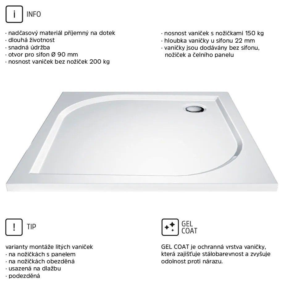 Mereo čtvercová sprchová vanička 80x80x3 cm bez nožiček litý mramor bílá CV41M