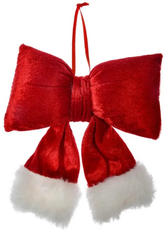 Vánoční ozdoba červená mašle s bílou kožešinkou Santa S – 15x3x17 cm