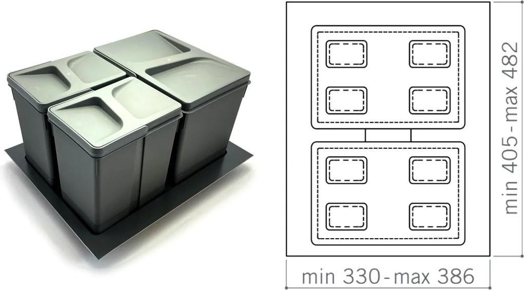 In-Design Systém odpadkových košů do zásuvky - PRAKTIK šířka skříňky 450 antracit Členění odpadkového koše: 1x15 + 2x7l (výška 270)