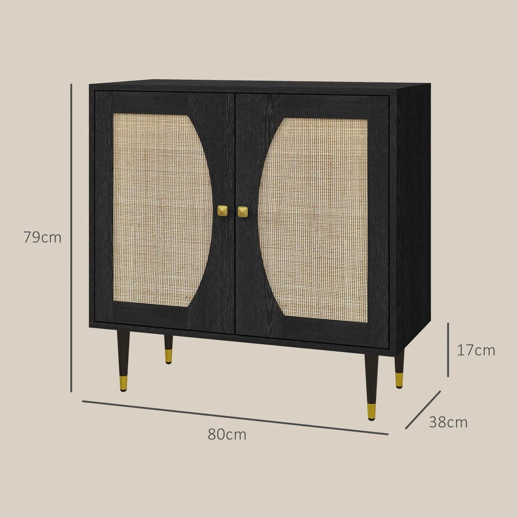 HOMCOM Buffet Skříňka s Dvojitými Dveřmi v Boho Stylu, 2 Úrovně, Ratanový Přední Panel 80 x 38 x 79 cm Černá | Aosom