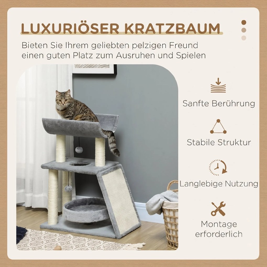 PawHut Kočičí škrabadlo s kočičím stromem 76cm výška se 4 škrabacími sloupky a U-čelní platformou, škrabací podložkou a závěsnými kuličkami, Světlá š…