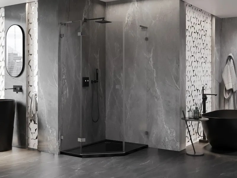 Mexen Lunar, L pětiúhelníkový sprchový kout naklápěcí doleva 80 x 100 cm, 8mm čiré sklo, grafitový profil, 831L-080L-100P-95-00-L