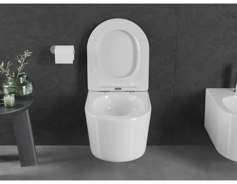 Mexen Sofia, závěsná WC mísa 490x360x355 mm, Rimless Tornádo + WC sedátko z duroplastu, bílá lesklá, 30540400T