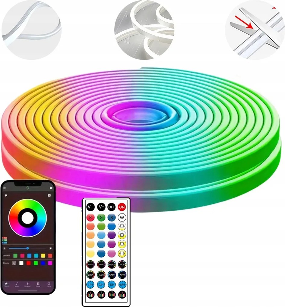 Led pásek Rgb 20 m Vodotěsný Dálkový Ovladač Aplikace IP65 24V Neon Elastický