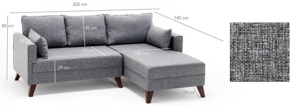 Hanah Home Třímístná pohovka BELLA šedá pravá 205 cm s taburetem 825BLC1504