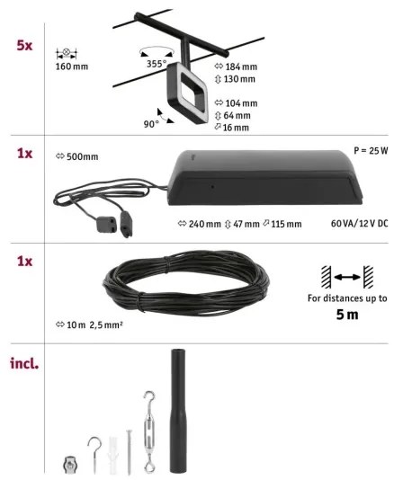 Paulmann 94485 - SADA 5xLED/4,8W Kompletní lankový systém FRAME 230V černá