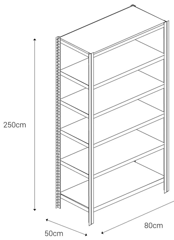 Bezšroubové kovové regál 250x80x50cm T profil, 6 polic