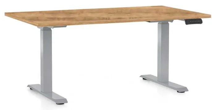 Výškově nastavitelný stůl OfficeTech D, 140 x 80 cm, šedá podnož, dub zlatý