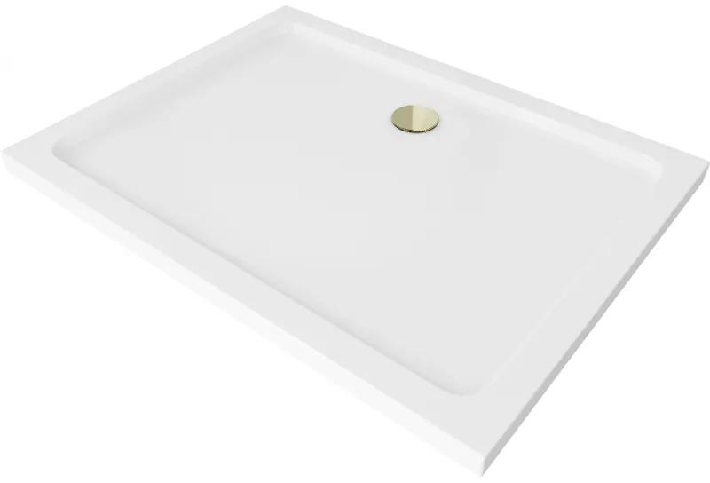 Mexen Flat obdélníková vanička do sprchového koutu slim 90 x 70 cm, Bílá, sifon Zlatá - 40107090G