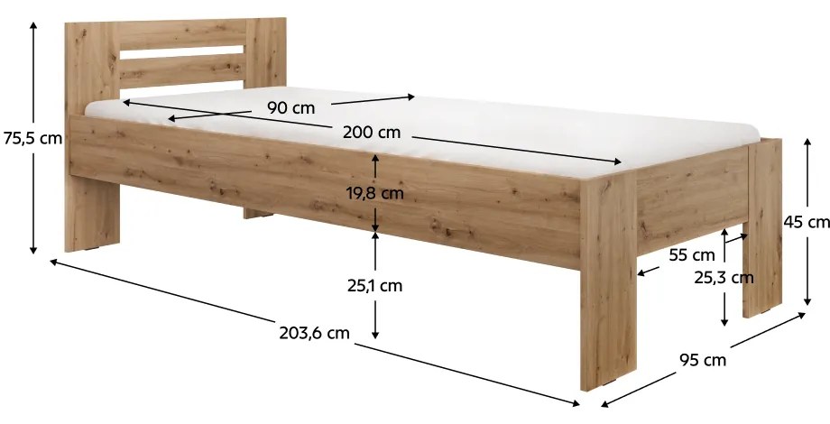 Kondela Postel, 90x200, dub artisan, BASIS