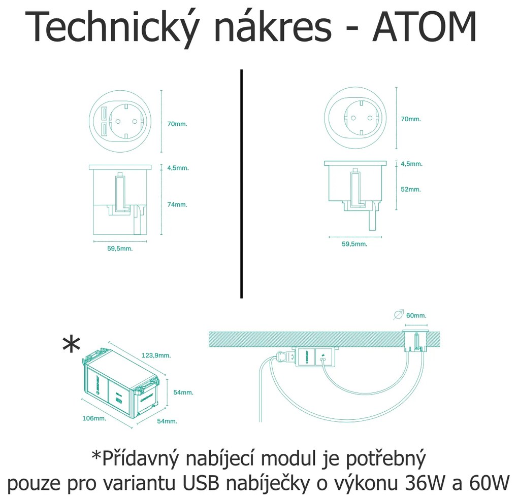 IBConnect Elektro zásuvka Atom matná černá - různé konfigurace Konfigurace elektrozásuvky: 1x230V + USB nab. C (60W)