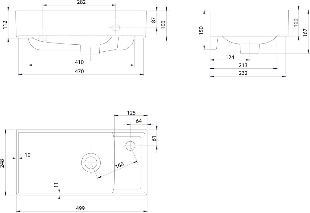 Sapho Sapho, NUALI keramické umyvadlo 50x25 cm, pravé, bílá, TU0122