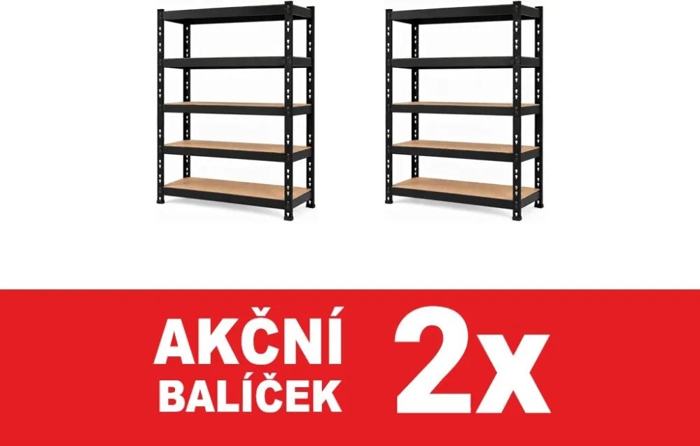 Akce 2x Regál 216x120x50 cm profesionální 5-policový, nosnost 2000 kg - černý