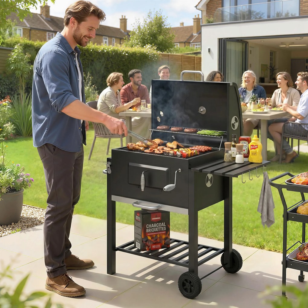 Outsunny grilovací vozík na dřevěné uhlí BBQ stojan na grilování z nerezové oceli černý 113x65x108cm pro zahradu a terasu