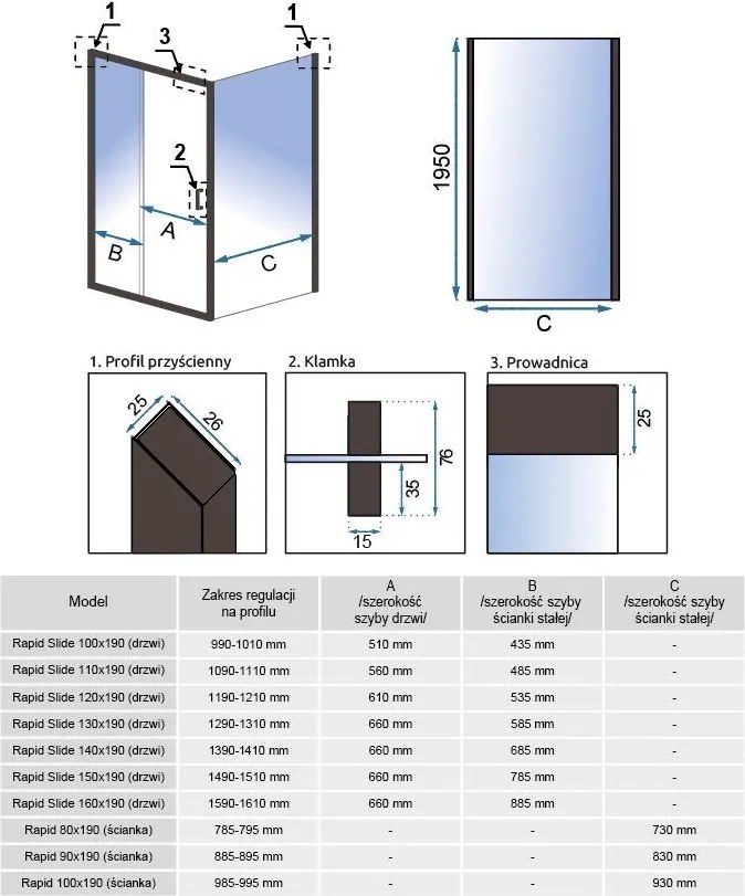 Rea Rapid, pevná stěna pro sprchový kout Rapid 100 x 195 cm, 6mm čiré sklo, zlatý matný profil, REA-K4706