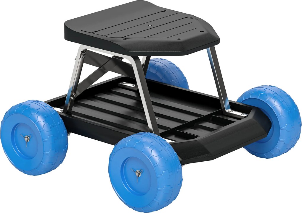 Mobilní zahradní stolička Outsunny s vozíkem a úložným prostorem – 50 x 49 x 32 cm Modrá | Aosom