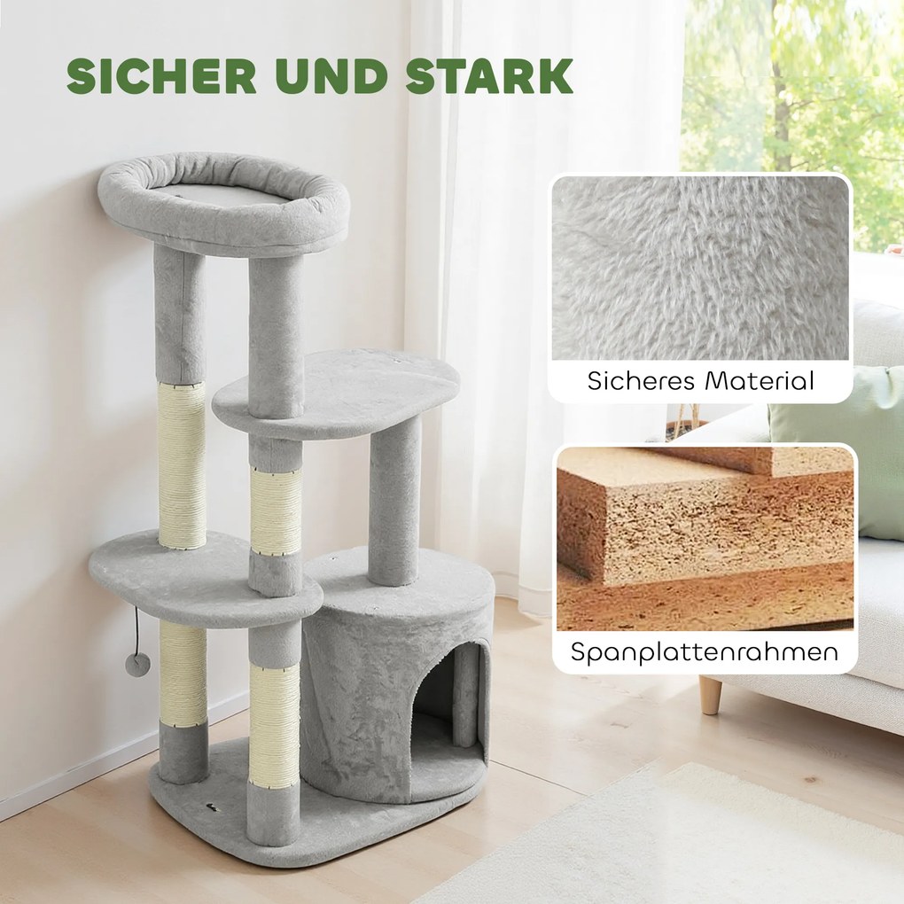 Škrabadlo pro kočky 114 cm s jeskyní, sisalové sloupky, plošina, víceúrovňové pro středně velké kočky do 6 kg, světle šedá barva