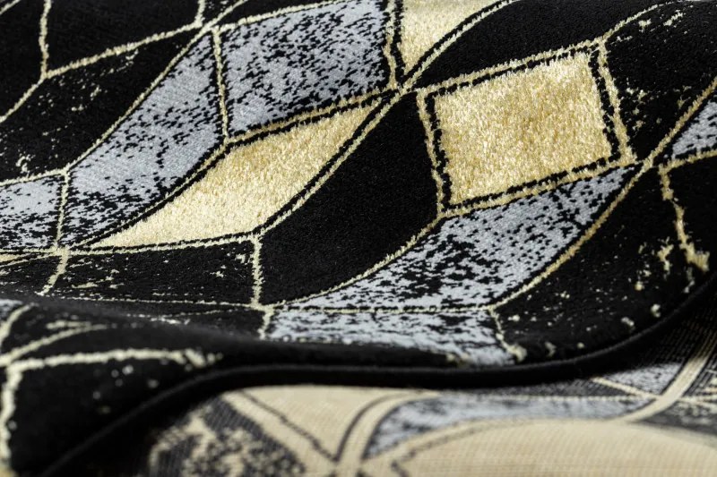 Dywany Łuszczów, Běhoun Gloss 400B 86 3D geometric black/gold, 60x300, černá, obývací pokoj