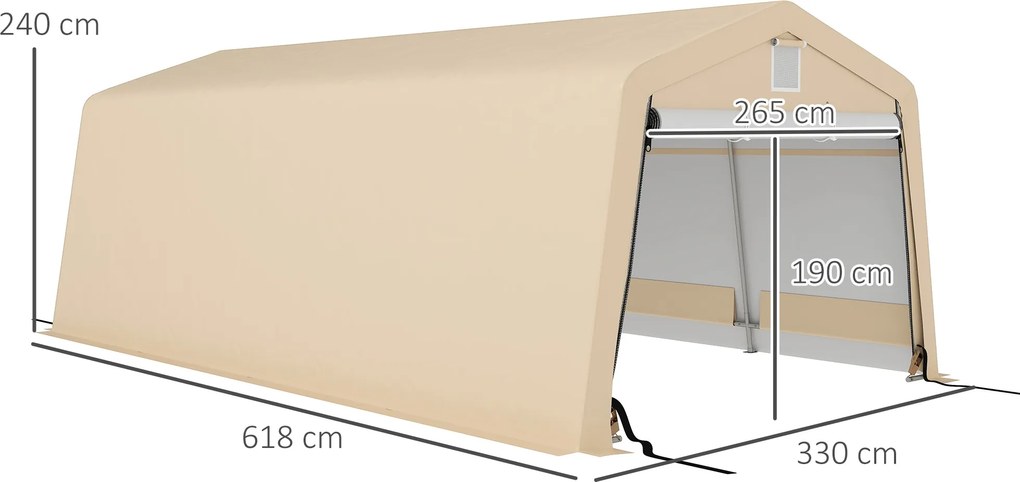 Carport stání Outsunny 6,2L x 3,3W x 2,4H m, Pevný pozinkovaný ocelový rám, voděodolný polyethylen 150 g/m², Anti-UV, 1 Khaki dveře a 2 větrání | Aoso
