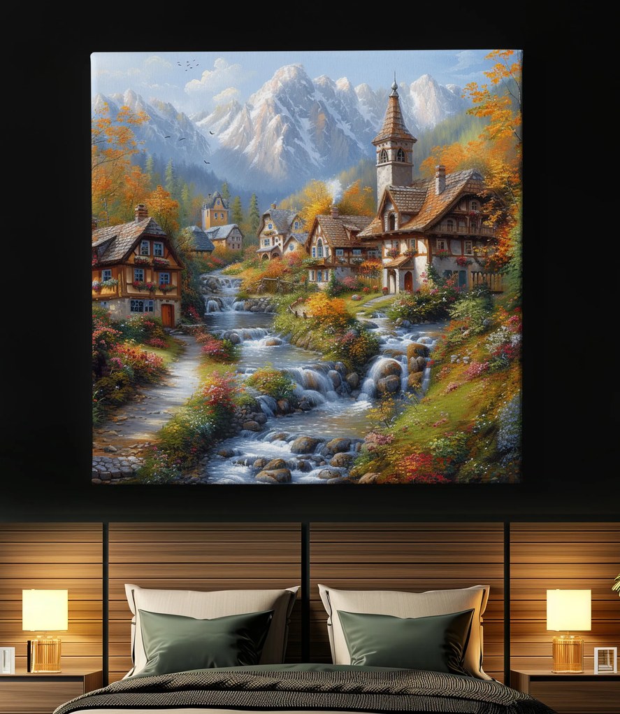 Obraz na plátně - Vesnický kostelík v Dolomitech FeelHappy.cz Velikost obrazu: 80 x 80 cm