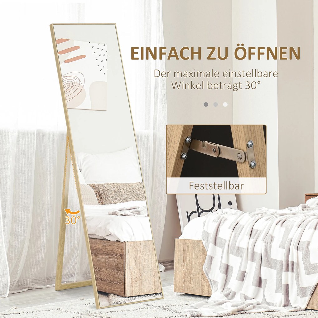 HOMCOM Stojací zrcadlo s dřevěnou strukturou Zrcadlo v plné délce Toaletní zrcadlo Make-up zrcadlo Stříbrná světle hnědá 40 x 35 x 147 cm do ložnice …