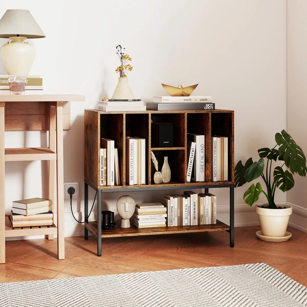 Costway Stojan na gramofon s nabíjecí stanicí a vinylovou postranní úložnou
