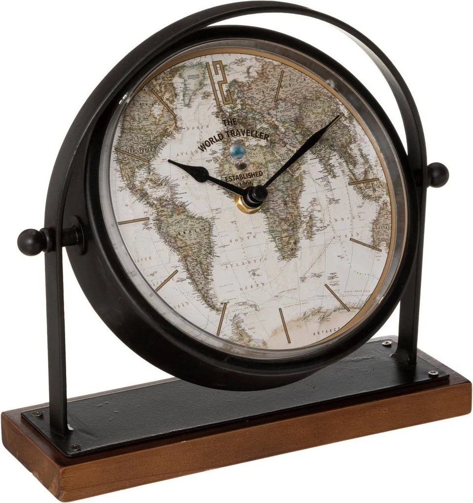 Hodiny retro na komodu Flavia, ciferník s mapou světa, v, 20 cm