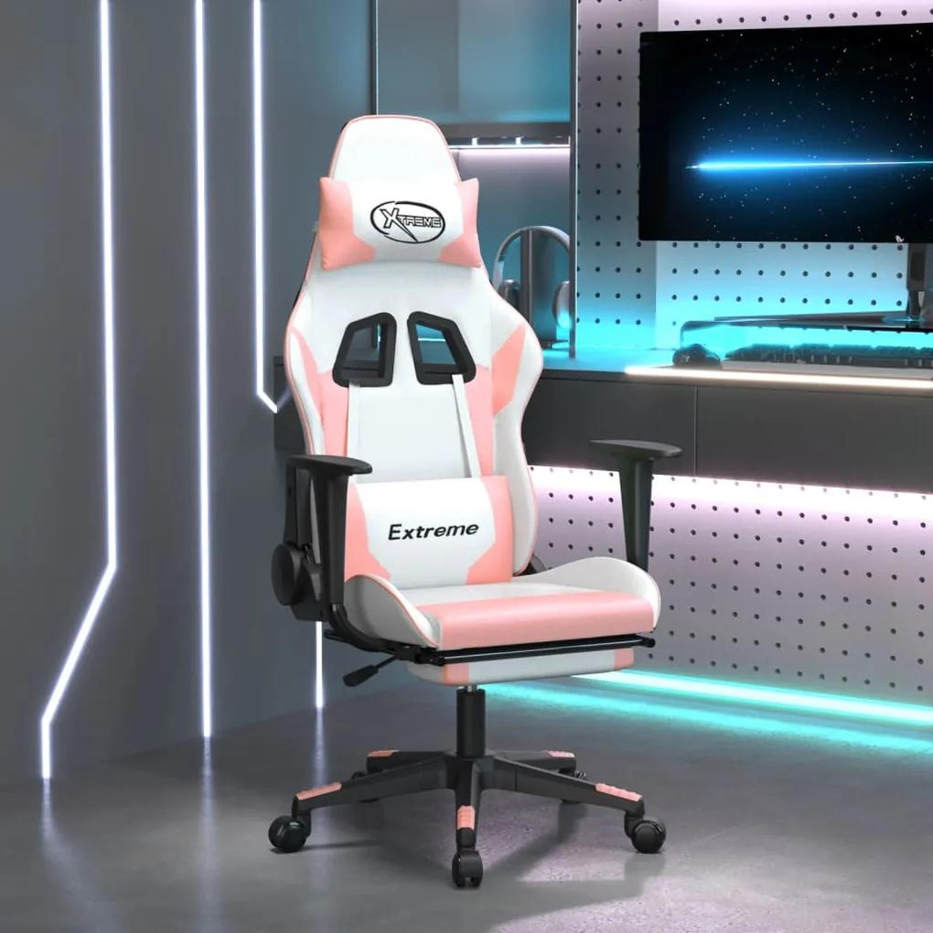 Masážní herní židle s podnožkou bílá a růžová umělá kůže,  345466