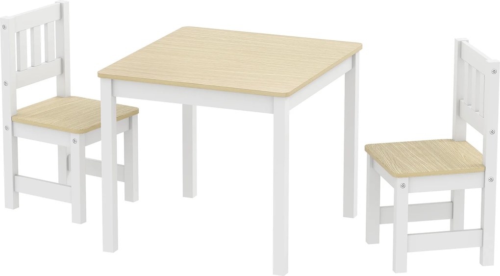 AIYAPLAY dětský stolek se židlemi, set stůl a 2 židle ze dřeva na kreslení, hraní a učení, 56x52x48 cm, přírodní dřevo