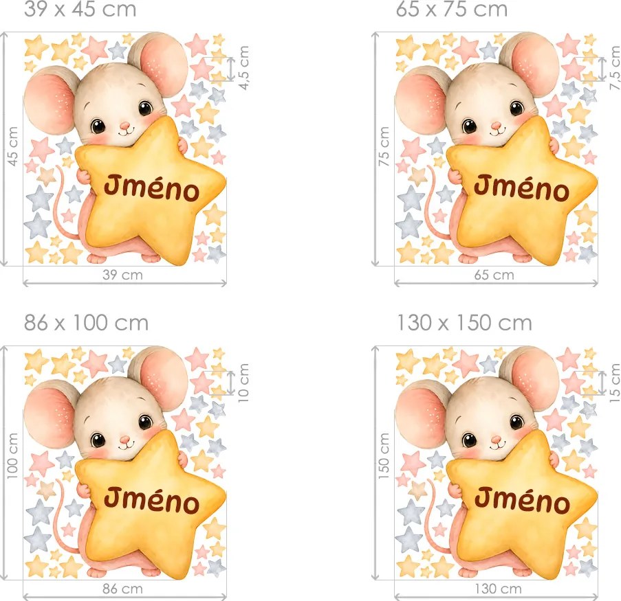 Myšička s hvězdičkou a jménem personalizované samolepky na stěnu arch 86 x 100 cm