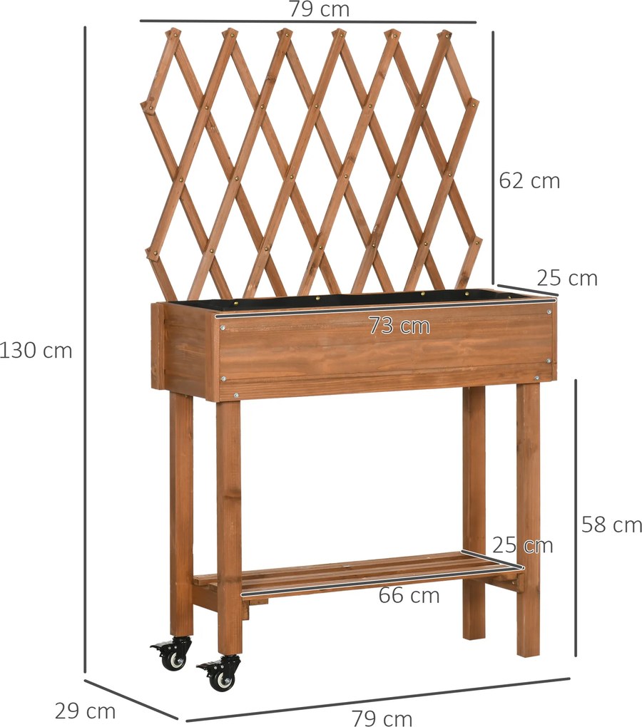 Vyvýšený záhon Outsunny s mřížovým truhlíkem na kolečkách s policí z masivního dřeva na terasu a zahradu v hnědé barvě 79x29x130cm
