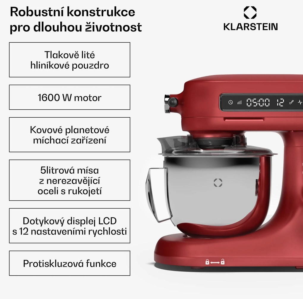 Klarstein Chiara kuchyňský robot, 1600 W, 12 nastavení, mísa z nerezavějící oceli, LCD displej, včetně příslušenství