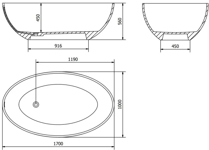 Mexen Prato, volně stojící vana z konglomerátu 170 x 100 cm, černá matná, 57251701070