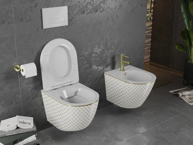 Mexen Lena WC mísa Rimless s pomalu zavíracím slim duroplastovým prkénkem, bílá/zlatá vzor mřížka - 30224009