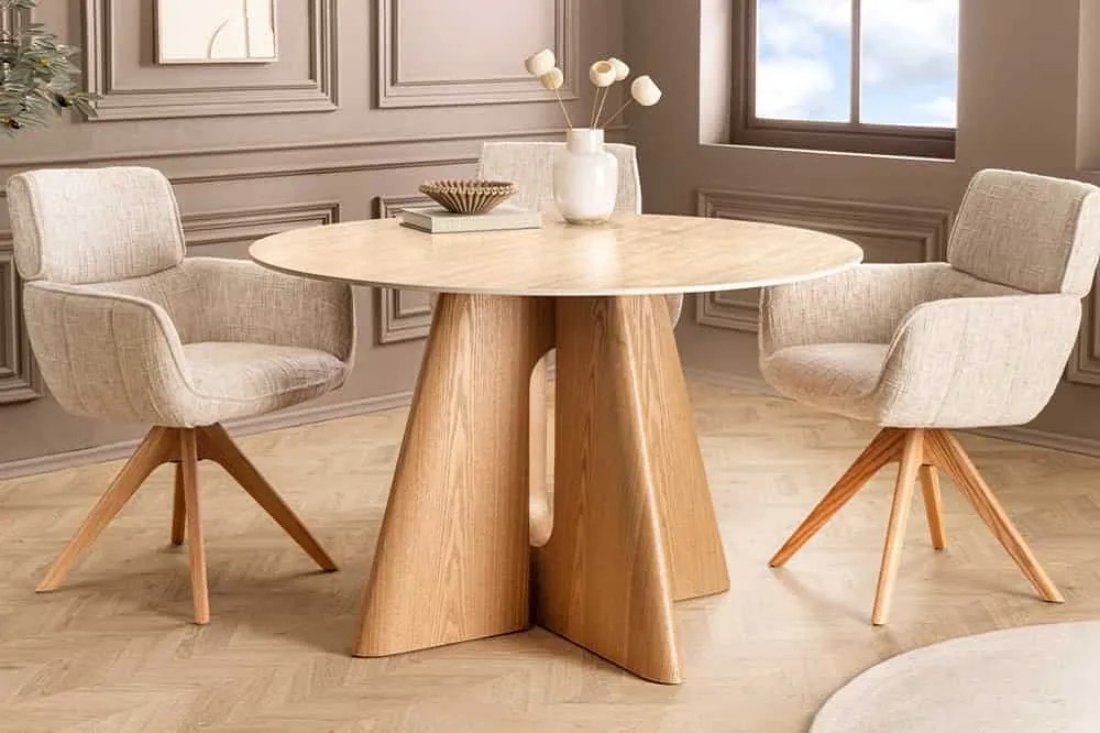 Kulatý keramický jídelní stůl Yenibeth 120 cm travertin / dub