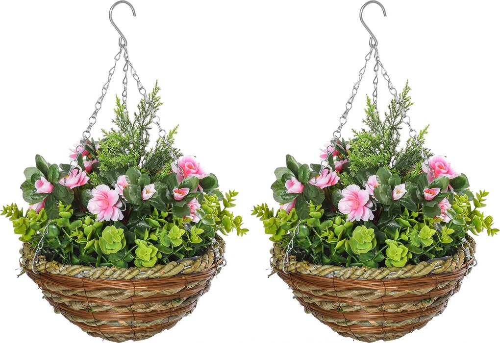 Outsunny Sada 2 Umělých Rostlin Lisianthus v Květináči s Háčkem, Umělé Rostliny z PE a Slinky, Ø25x34 cm, Zelená a Růžová | Aosom