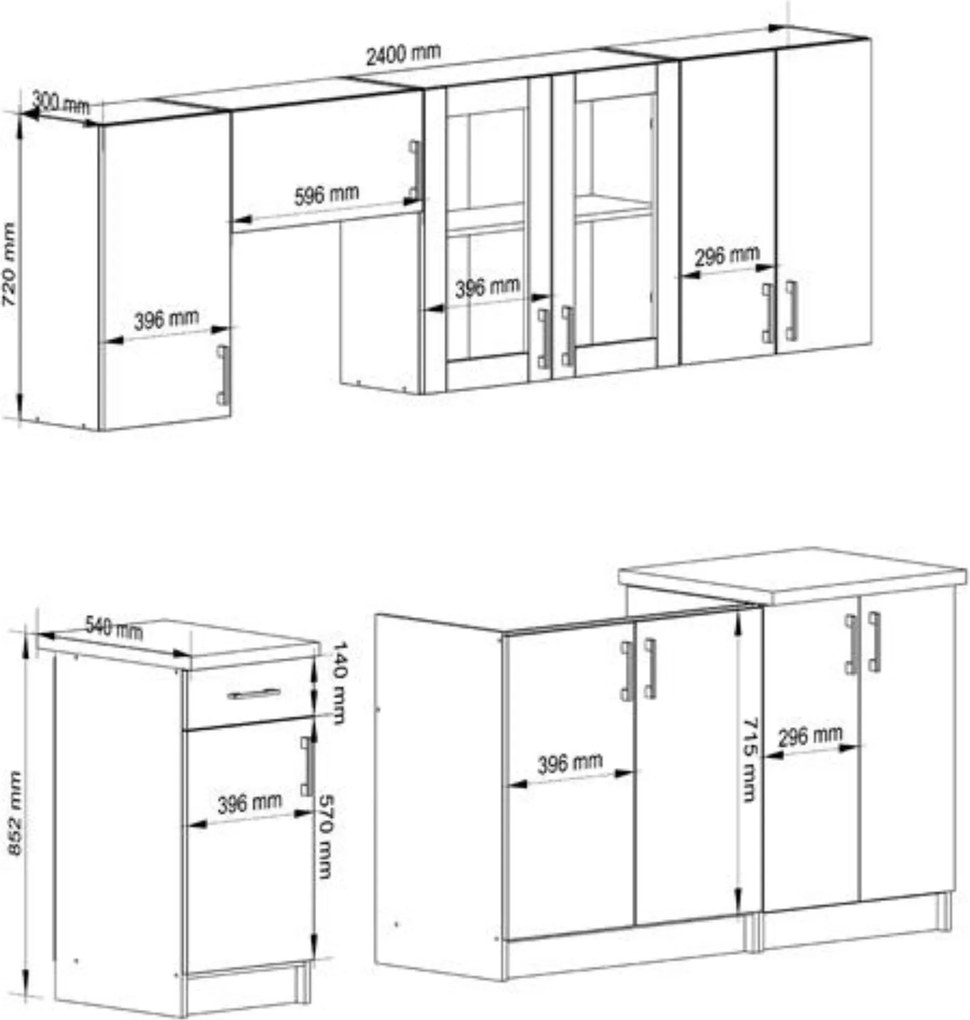 Kuchyňská linka Lima 240 cm prosklená bílá/dub sonoma