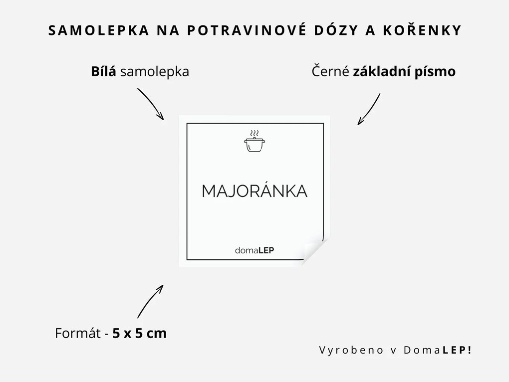 MAJORÁNKA - omyvatelná samolepka na kořenky, výběr rozměrů Ø 5 cm / 5 x 5 cm / 6 x 8 cm | DomaLEP tvar: KOLEČKO, barva: BÍLÁ - ČERNÉ písmo, velikost: Ø 5 cm - základní písmo