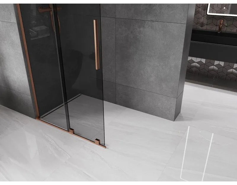 Mexen Velar L, posuvná sprchová zástěna Walk-in 110 x 200 cm, 8mm šedé sklo, růžové zlato, 871-110-003-43-60