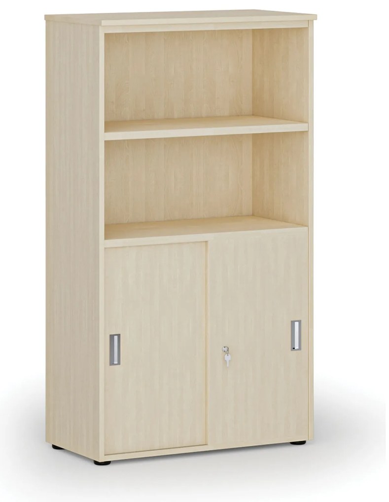 Kombinovaná kancelářská skříň PRIMO WOOD, zasouvací dveře na 2 patra, 800 x 420 x 1434 mm, bříza