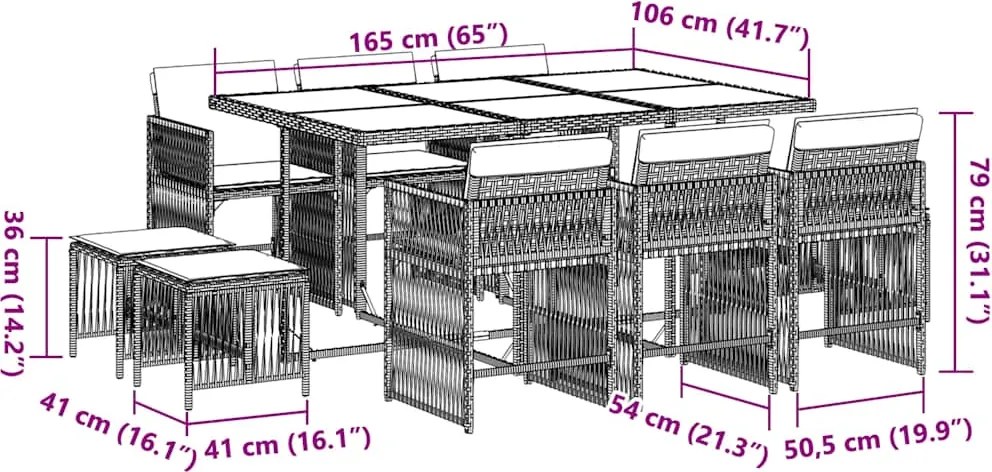 11dílný zahradní jídelní set s poduškami černý polyratan 3211687