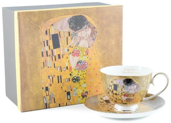 HOME ELEMENTS Porcelánový hrnek s podšálkem 250 ml, Klimt,Polibek zlatý